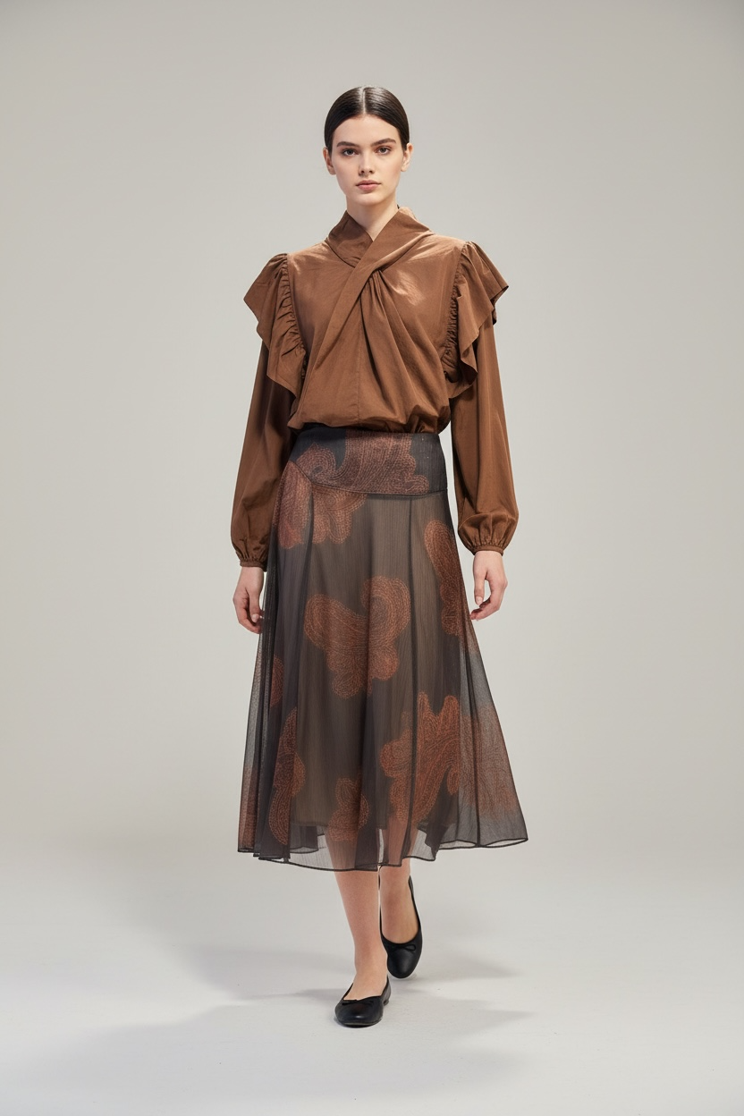 Conjunto Otoño: Blusa con Volantes y cuello cruzado mas Falda Midi de ...