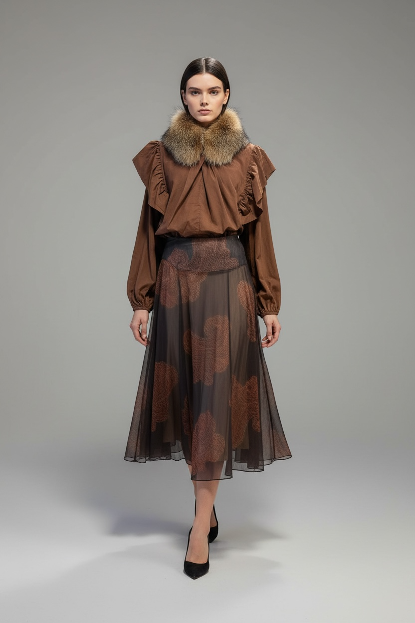 Conjunto Otoño: Blusa con Volantes y cuello cruzado mas Falda Midi de ...