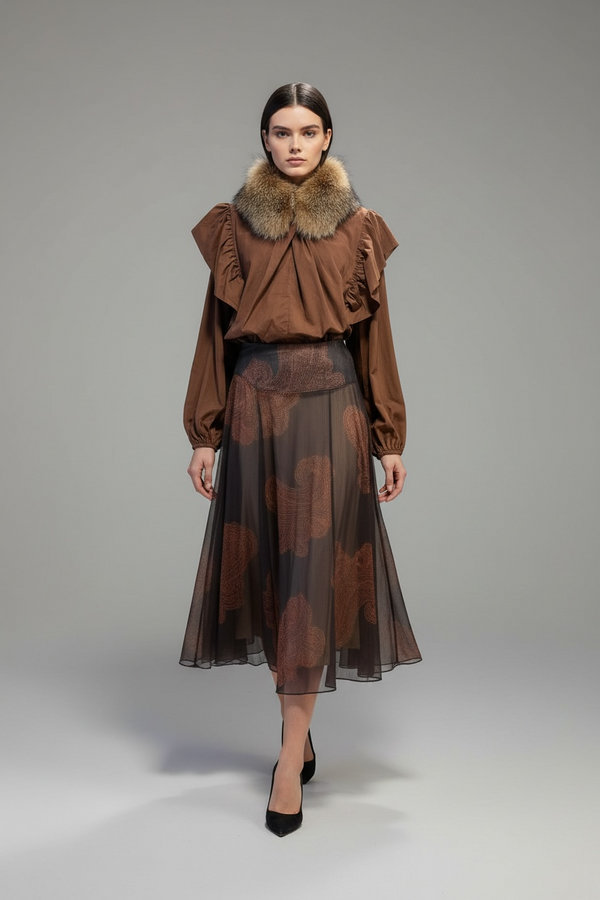 Conjunto Otoño: Blusa con Volantes y cuello cruzado mas Falda Midi de ...